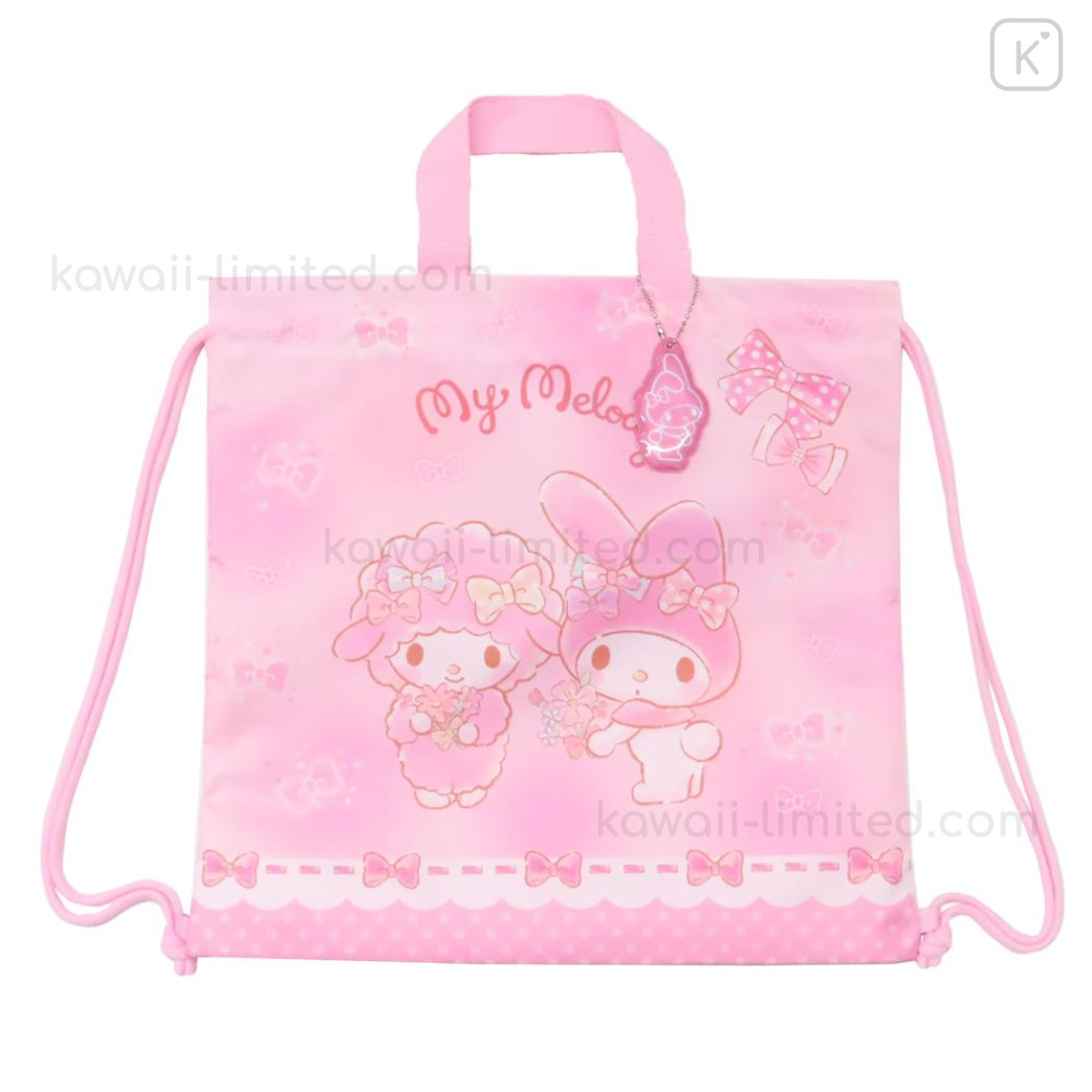 Japan Sanrio Gym Sack Drawstring Backpack & Name Tag - My Melody & Sweet Piano : Pink & Ribbon ...