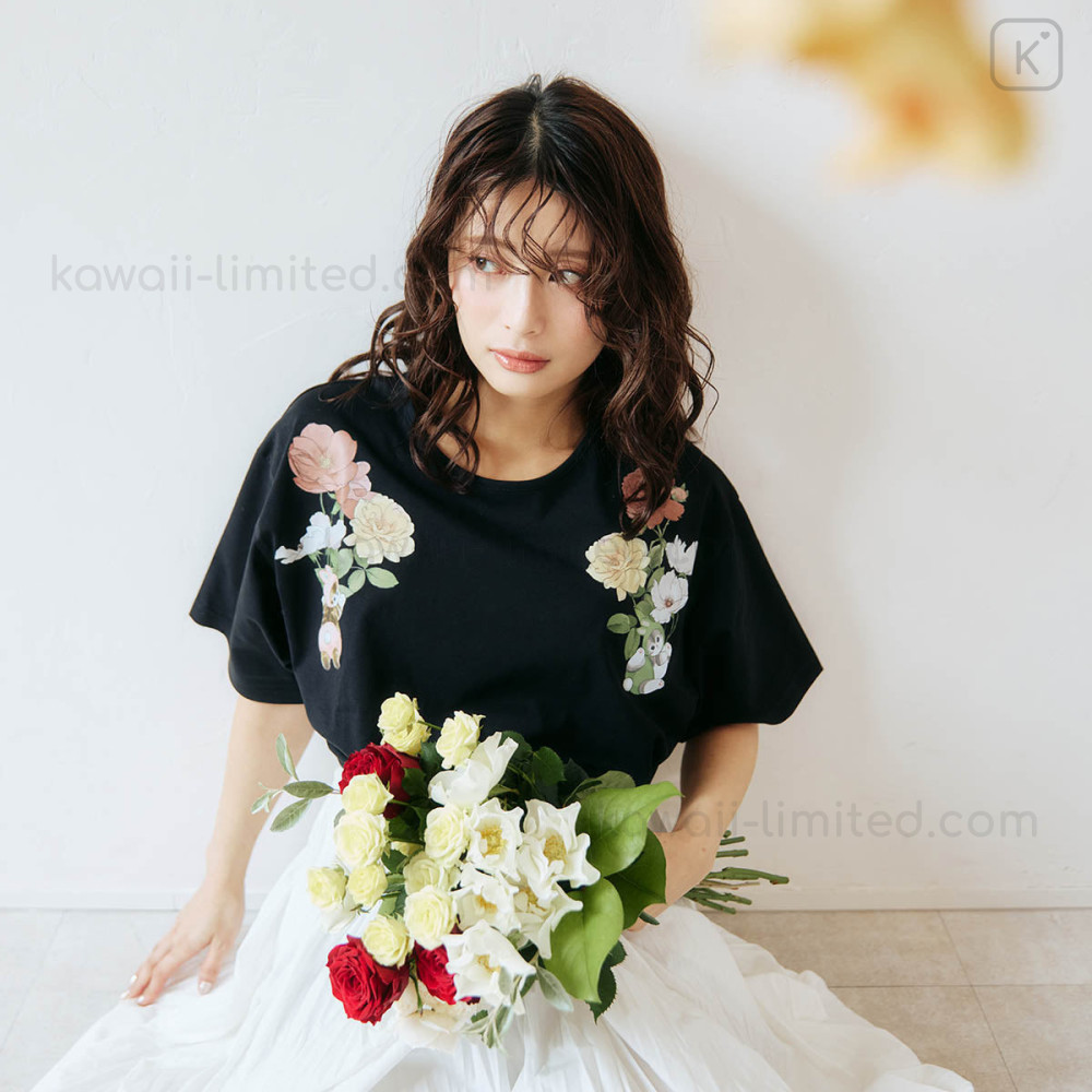 Japan Mofusand Hibiya Kadan T-shirt (L) - Flora Rabbit Cat Black ...