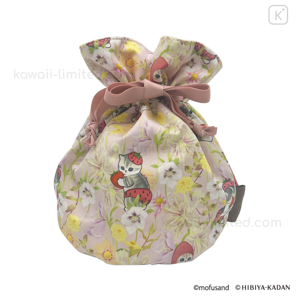 Japan Mofusand Hibiya Kadan Drawstring Bag - Flora Cat Strawberry Pink ...